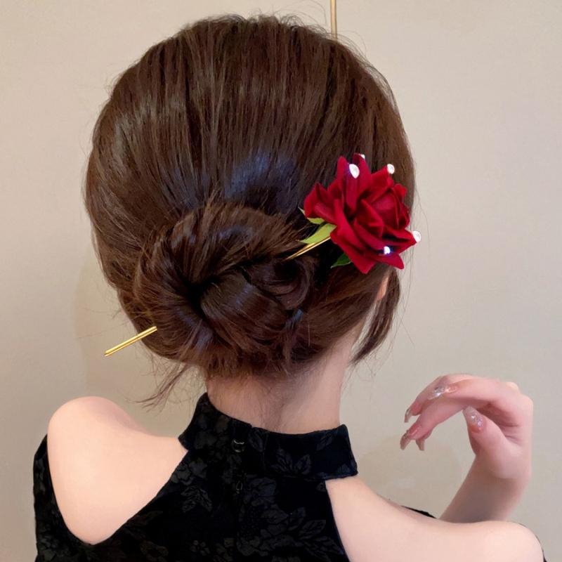 Jepit rambut bunga mawar merah Korea untuk wanita, batang rambut ...